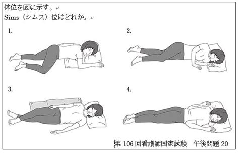 【看護国試】第106回 体位を図に示す。シムス位はどれか。 看護学生の家庭教師・個別指導blog ―アストラ―