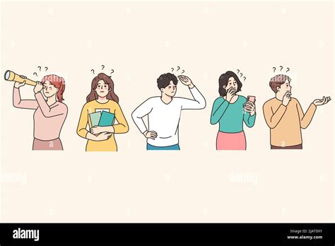 Diverse People With Binoculars And Spyglass Feel Confused Looking For
