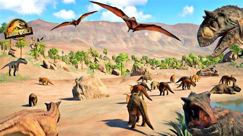 Three Hungry Carnotaurus Brothers Hunting Pachyrhinosaurus Herd