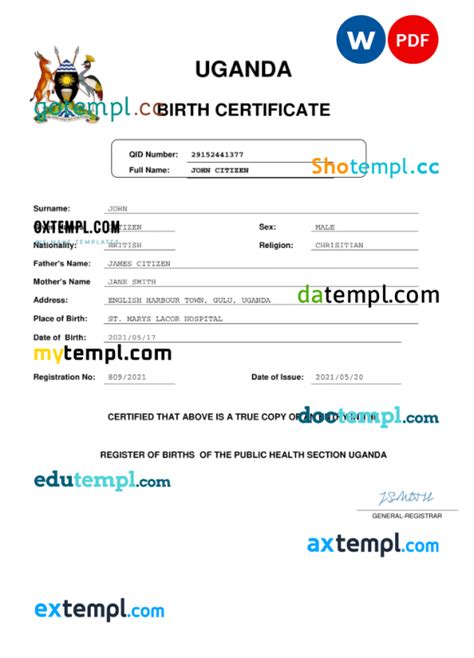 Uganda Birth Certificate Word And Pdf Template Completely Editable