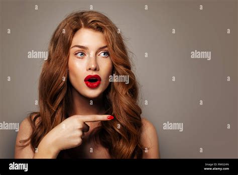 Surprised Red Head Girl Pointing Finger Excited Redhead Model Woman