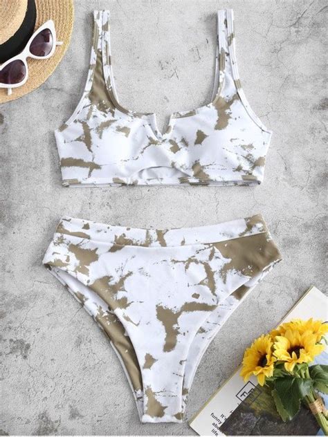 [59 Off] 2022 Zaful Tie Dye V Notch High Waisted Bikini Swimsuit In