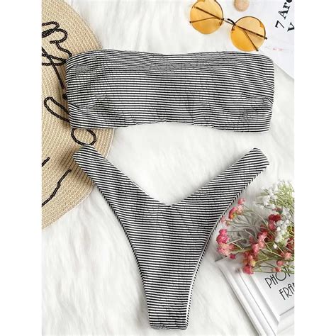 Zaful Striped Bandeau Bikini Set Thong Bikini Swimsuit Women Sexy