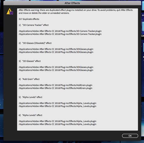 after effects warning there are duplicated effect adobe support