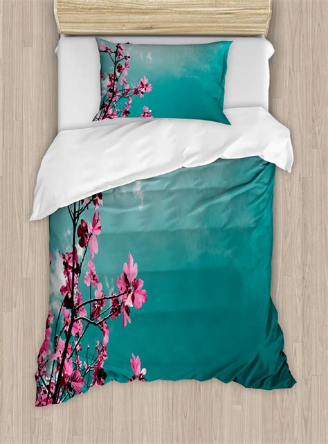 Floral Duvet Cover Set Twin Size Fig Tree Florets With Sunny Sky