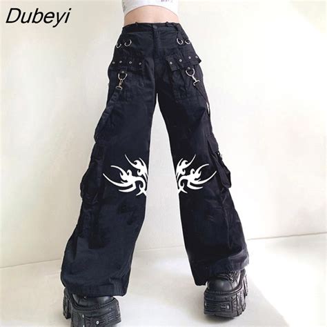 Dubeyi Eyelet Buckle Black Punk Goth Jean Fashion Woman Techwear Dark