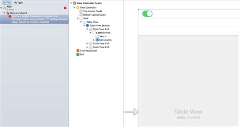 uitableview uiswitch in static uitableviewcell generates error