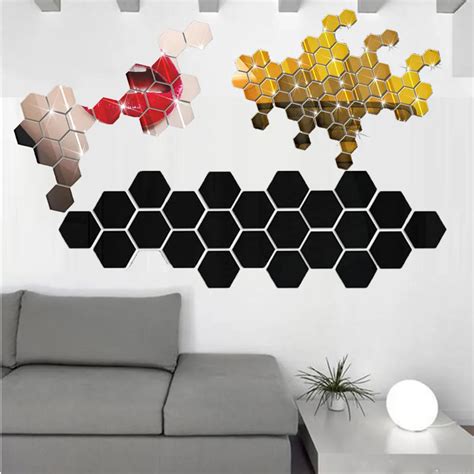 12pcs Set Hexagon Acrylic Mirror Wall Stickers Diy Art Wall Decor