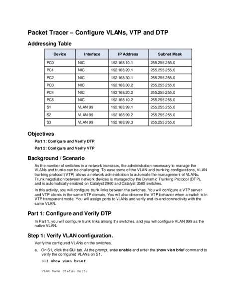 Doc Packet Tracer Configure Vlans Vtp And Dtp Objectives Part 1