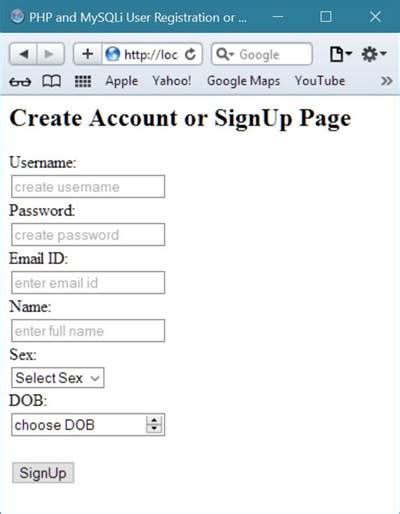 php and mysqli signup page