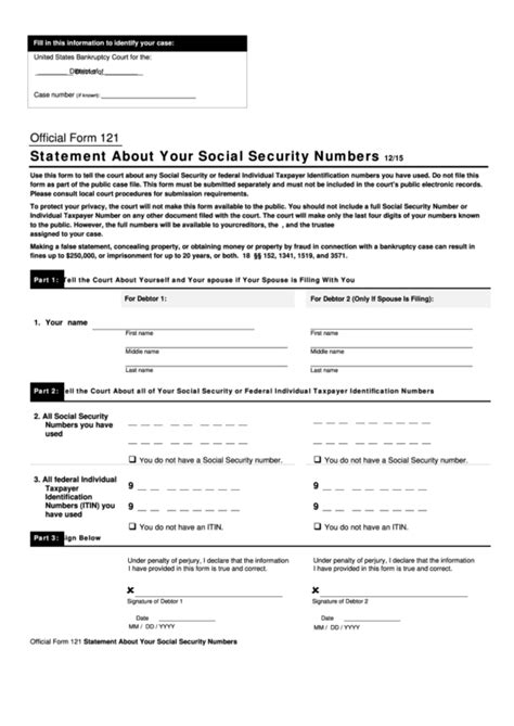 Fillable Form 121 Statement About Your Social Security Numbers