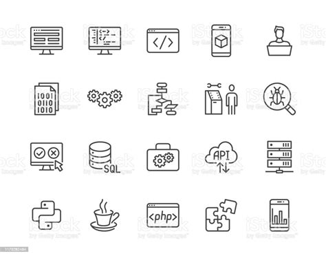software development flat line icons set programming language
