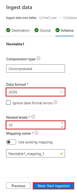 ingest json data from a local file to an existing table in azure data