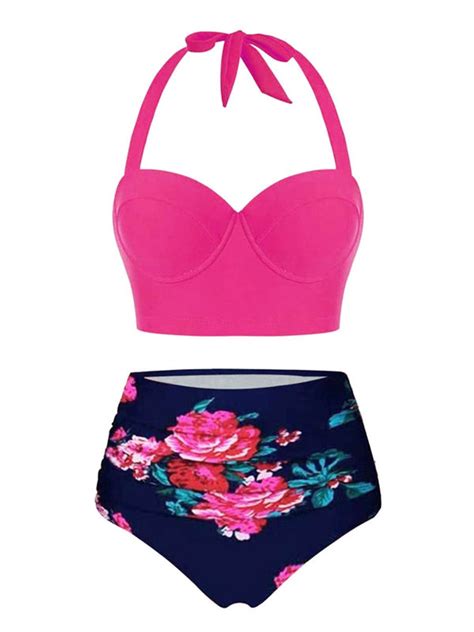 Rose Red 1950s Halter Flowers Bikini Set Retro Stage