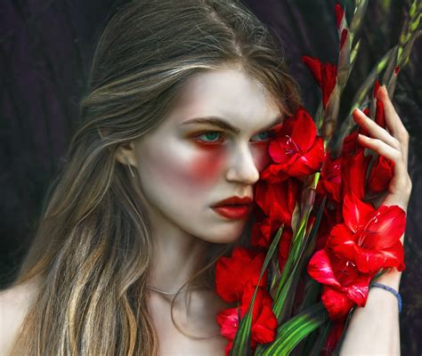 배경 화면 여자들 모델 초상화 꽃들 긴 머리 빨간 드레스 유행 봄 M Lorek 색깔 식물 소녀