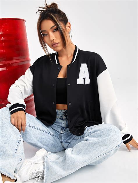 Shein Ezwear Letter Patched Striped Trim Drop Shoulder Varsity Jacket
