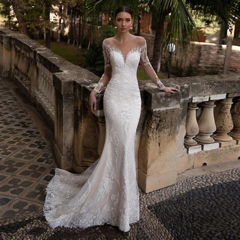 Lace Long Sleeve Dress Mermaid Wedding Dress Sheer Neckline Etsy