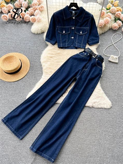 Singreiny Streetwear Denim Two Pieces Sets Women Short Sleeves Retro