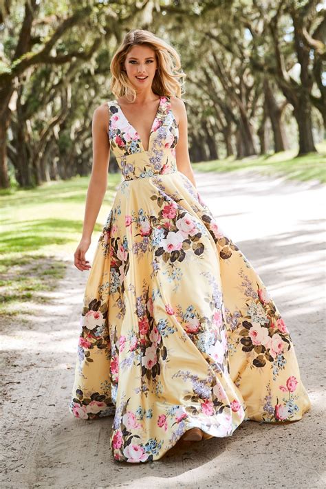 Sherri Hill 52909 Floral Print Deep V Neck A Line Dress Maxi Dress