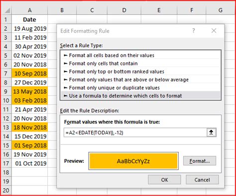 conditional formatting highlight cells containing a date over a year