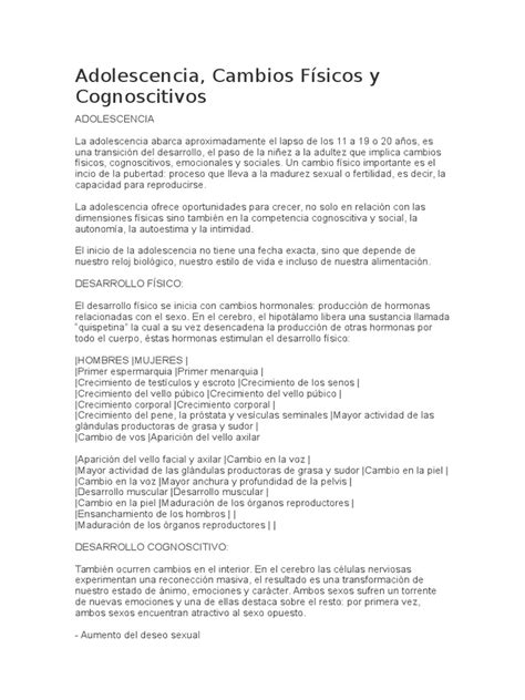 Adolescencia Cambios Físicos Y Cognoscitivos Pdf Adolescencia