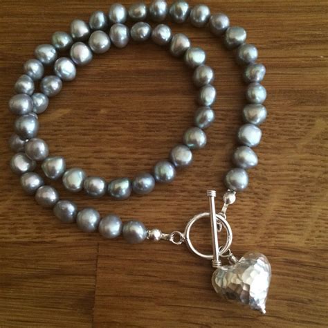 Grey Baroque Freshwater Pearl Necklace Sterling Silver Hammer Heart