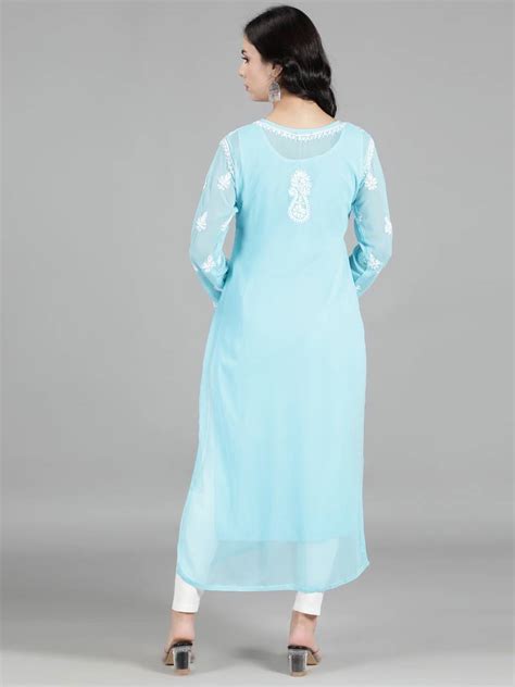 Seva Chikan Hand Embroidered Lucknowi Chikankari Blue Georgette Kurta
