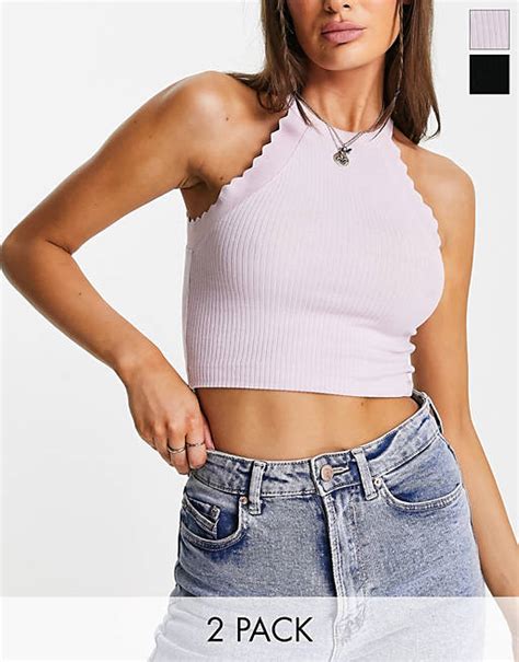 Miss Selfridge 2 Pack Scallop Edge Crop Top In Lilac And Black Asos