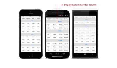 summaries in xamarin datagrid control syncfusion