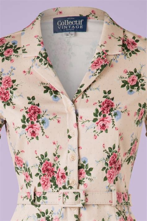 40s Caterina Floral Pencil Dress In Beige
