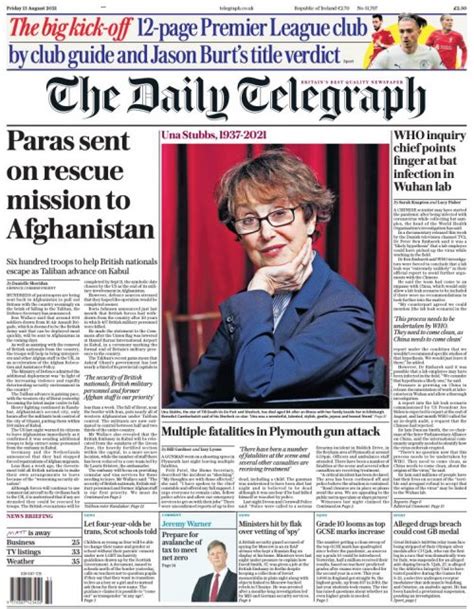 Daily Telegraph Front Page 13th Of August 2021 Tomorrows Papers Today