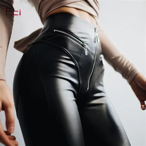 2019 Women Sexy Pu Leather Leggings With Front Zipper High Waist Push