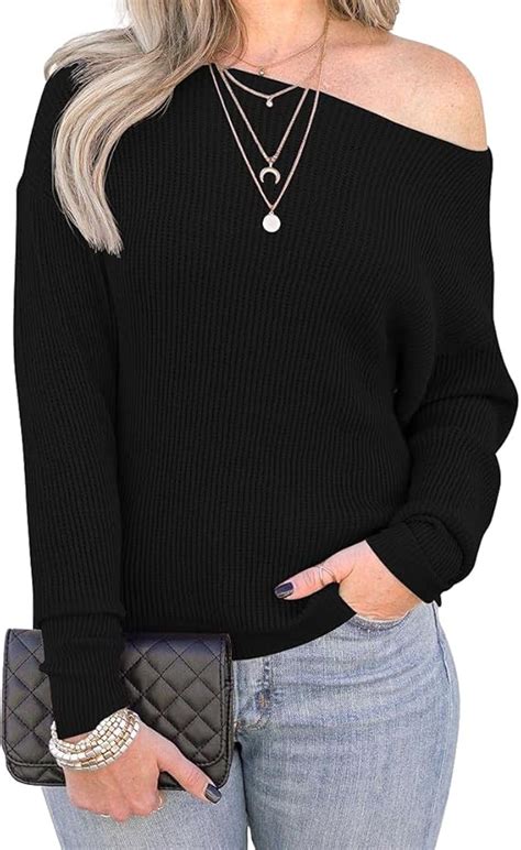 Iwollence Womens Off Shoulder Waffle Knit Sweater Batwing Long Sleeve
