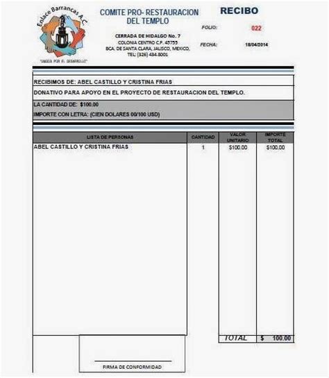 Barranca De Santa Clara Recibos De DonaciÓn Para RestauraciÓn Del