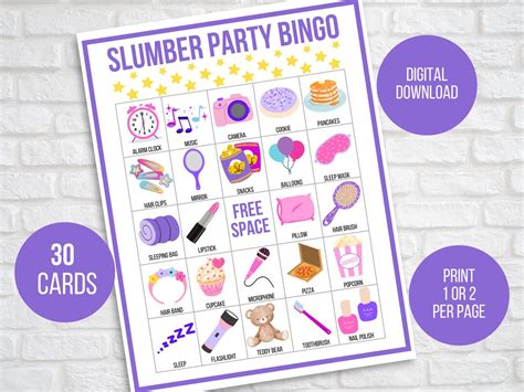 Slumber Party Bingo Pajama Party Bingo Sleepover Bingo 30 Etsy