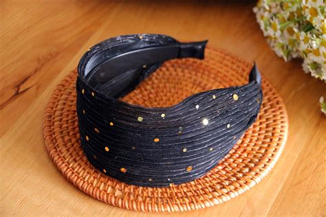 Black Extra Wide Headband For Womenpleated Flat Headbandgold Etsy
