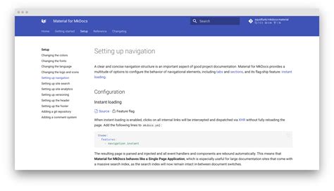 setting up navigation material for mkdocs