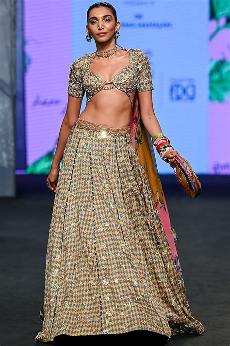 Multi Colored Satin Organza Printed And Embroidered Bridal Lehenga Set By
