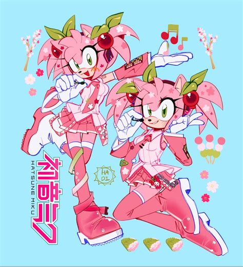 Hatsune Miku Sakura Miku And Amy Rose Vocaloid And 1 More Drawn By
