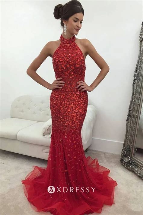 Red Rhinestone Diamond Halter Neck Long Prom Dress Xdressy