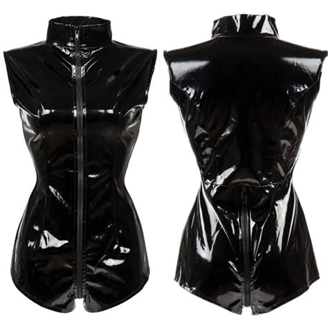 Hot Sexy Black Female Faux Leather Catsuit Pvc Latex Wet Look Bodysuit
