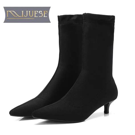 Mljuese 2019 Women Mid Calf Boots Stretch Fabric Black Color Pointed