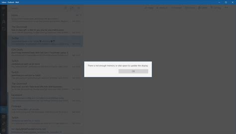 windows 10 mail app error there is not enough memory or disk space