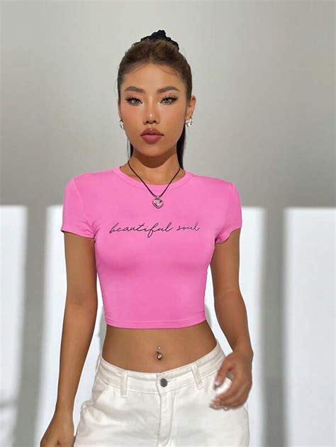 Shein Ezwear Camiseta Cortada Carta Gráfica Shein Brasil