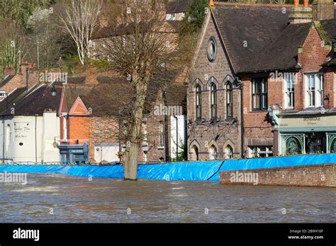 Flood Barriers At Ironbridge In Shropshire With The River Severn In