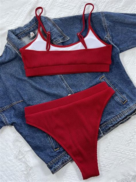 Shein Swim Basics Ribbed Bikini Set Cami Bra And High Cut Bottom 2 Piece
