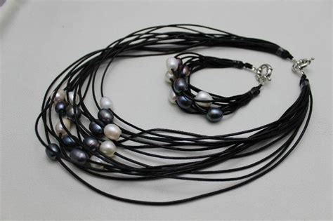 Free Shipping Black Genuine Leather Multi Colors Freshwater Pearl Set