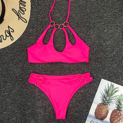 Neon Pink Bikini Sexy Swimwear Women Swimsuit Rings Hollow Out Bathing