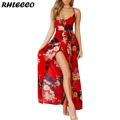 2019 Summer Boho Beach Dress Women Long Red Floral Print Lace Up V Neck