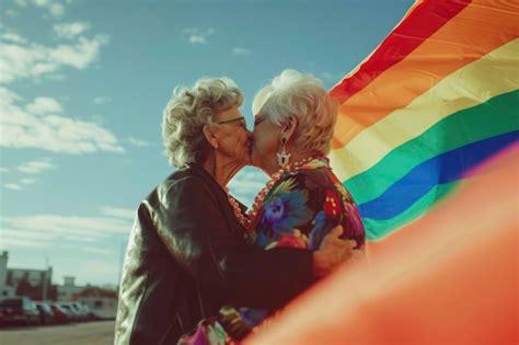 Older Lesbian Couple Hugging Kissing Premium Ai Generated Image